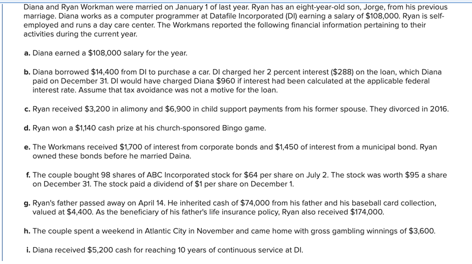 Diana and Ryan Workman were married on January 1 of | Chegg.com