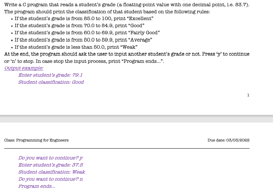 Solved Write a C program that reads a student's grade (a | Chegg.com