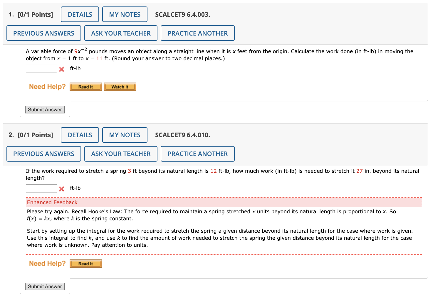 Solved A variable force of 9x-2 ﻿pounds moves an object | Chegg.com
