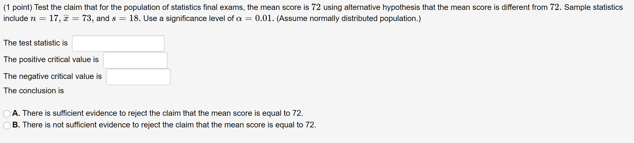 Solved (1 point) Test the claim that for the population of | Chegg.com