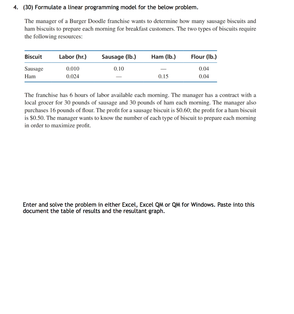 Solved 4. (30) Formulate a linear programming model for the | Chegg.com
