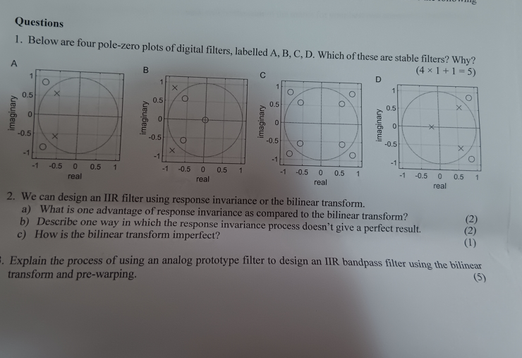 Solved Questions 1. Below are four pole-zero plots of | Chegg.com