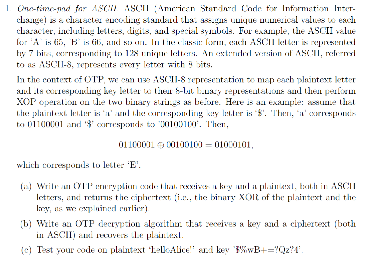 Solved One-time-pad for ASCII. ASCII (American Standard Code | Chegg.com