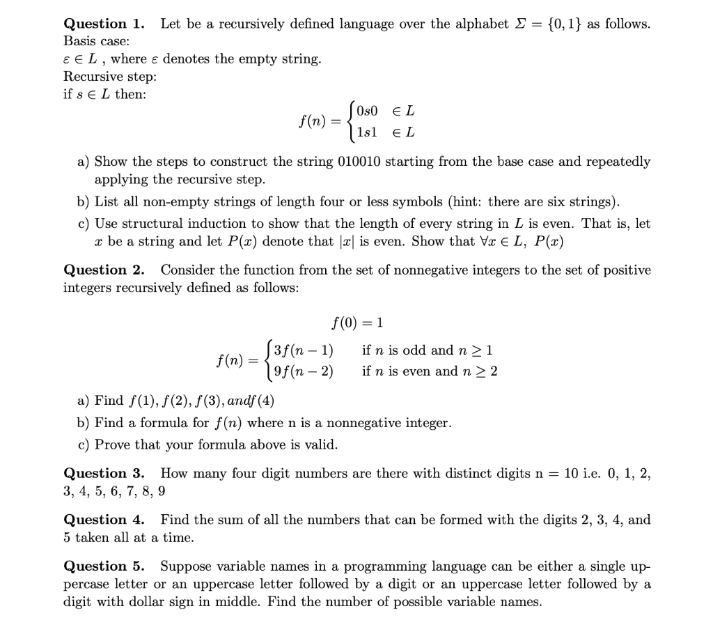 Solved Question 1 Let Be A Recursively Defined Language 