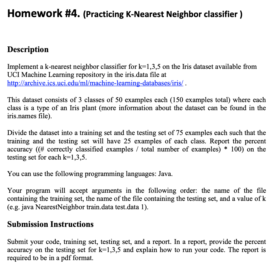 Homework #4. (Practicing K-Nearest Neighbor | Chegg.com