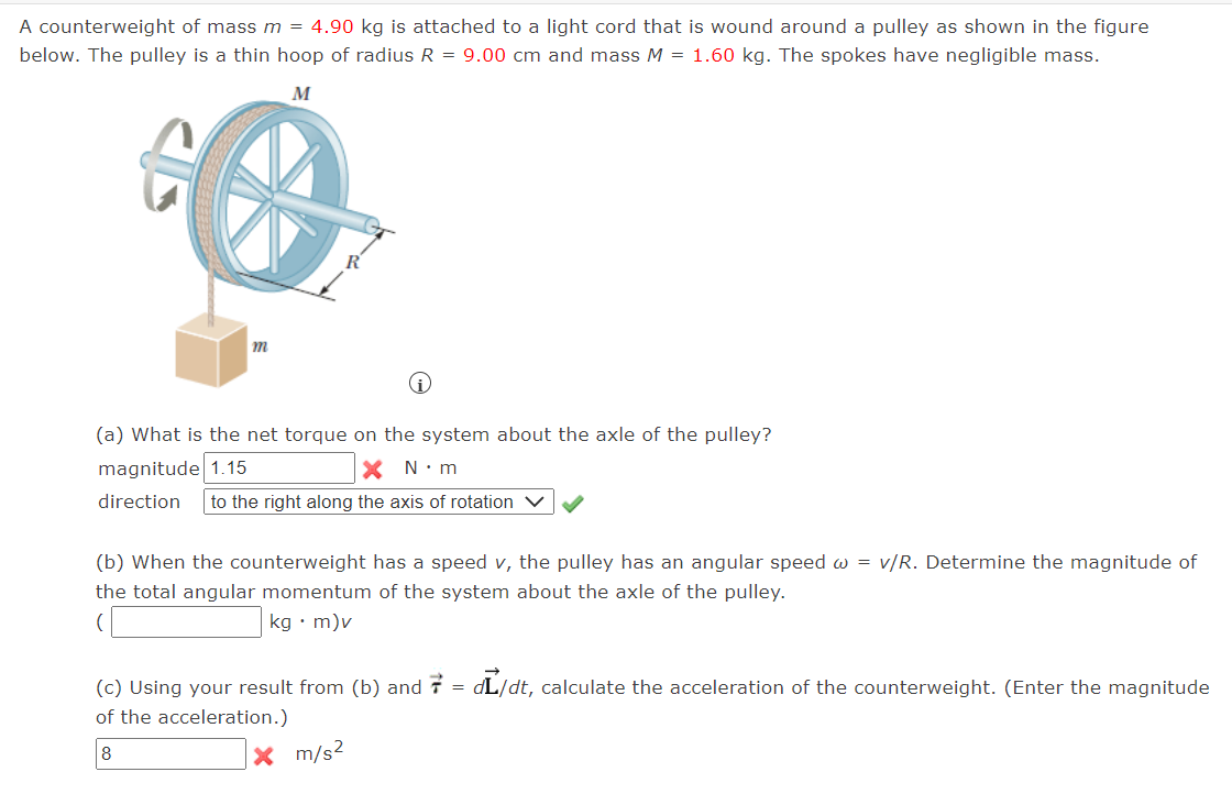 Solved A counterweight of mass m=4.90 kg is attached to a | Chegg.com