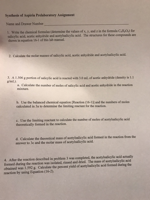 Solved Synthesis of Aspirin Prelaboratory Assignment Name | Chegg.com