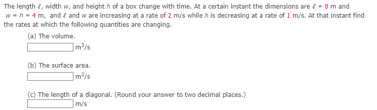 Solved The length l, ﻿width w, ﻿and height h ﻿of a box | Chegg.com