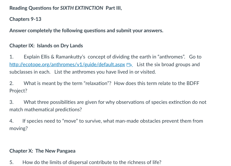 Solved Reading Questions for SIXTH EXTINCTION Part III, | Chegg.com