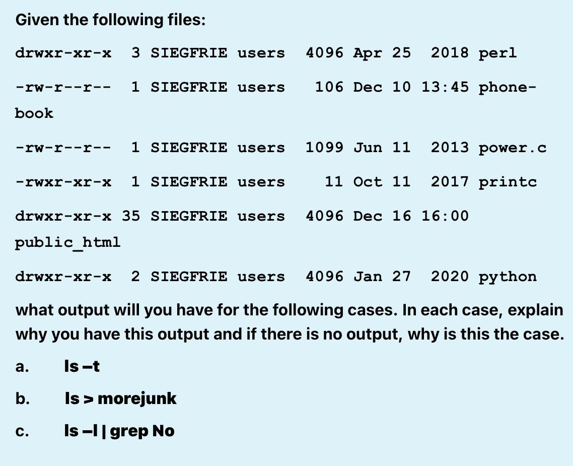 Solved Given the following files: drwxr-xr-x 3 SIEGFRIE | Chegg.com