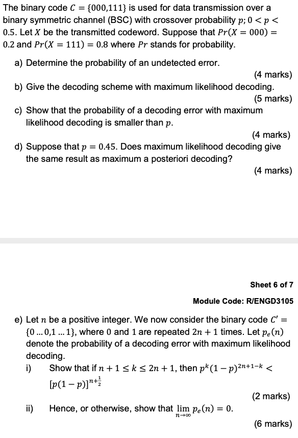 The binary code C={000,111} is used for data | Chegg.com