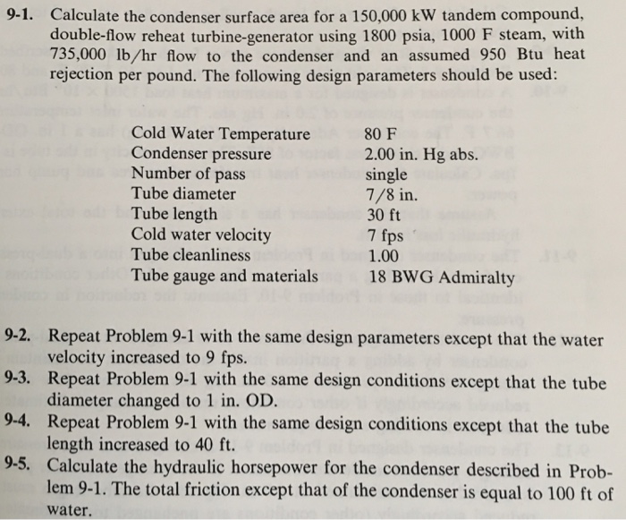 Solved 9-1. Calculate the condenser surface area for a | Chegg.com