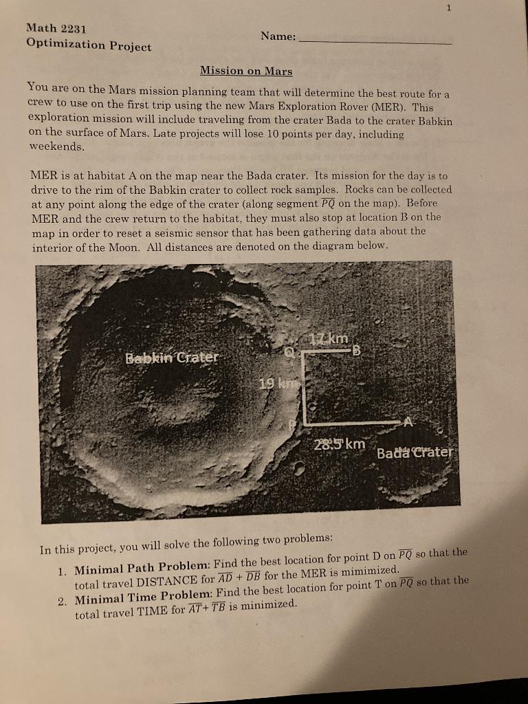 Solved Optimization Project Mission on Mars You are on the | Chegg.com