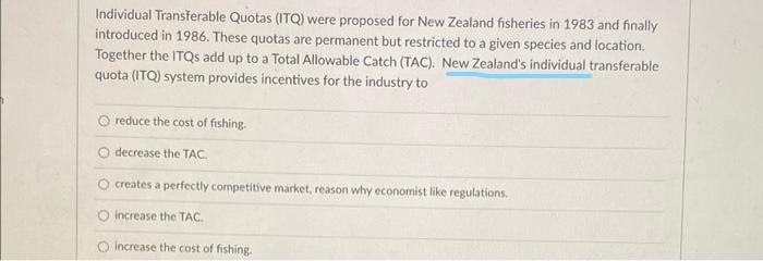 Solved Individual Transferable Quotas (ITQ) were proposed | Chegg.com
