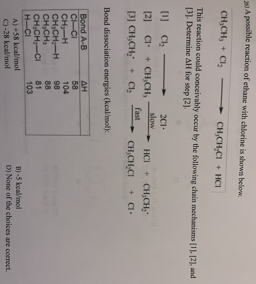 Solved 26) A possible reaction of ethane with chlorine is | Chegg.com