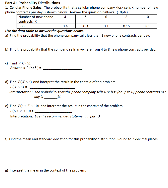 Solved Part A: Probability Distributions 1. Cellular Phone | Chegg.com