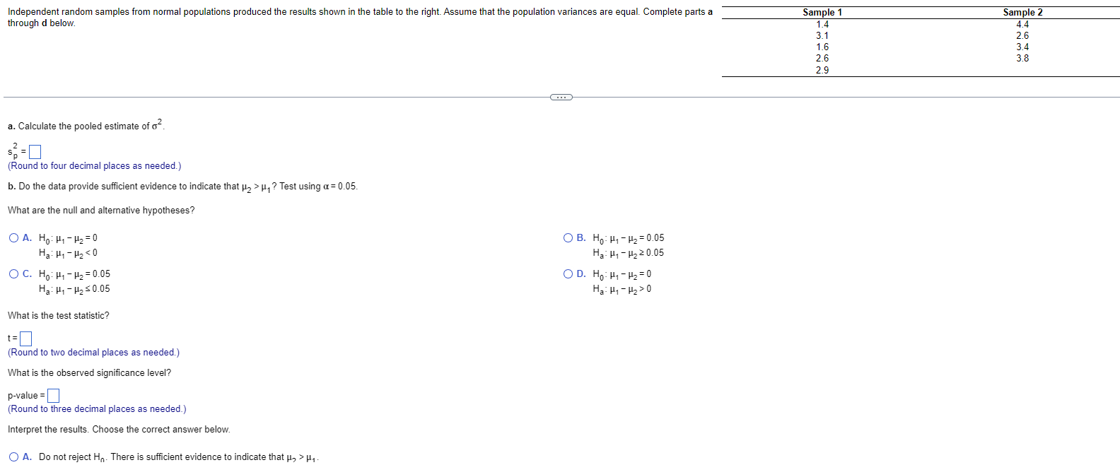 Solved a. Calculate the pooled estimate of σ2. sp2= (Round | Chegg.com