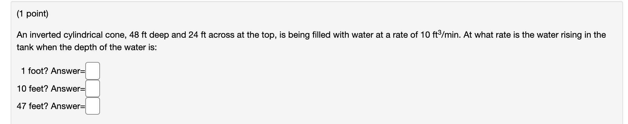 Solved (1 point) An inverted cylindrical cone, 48 ft deep | Chegg.com