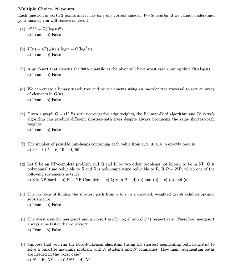Solved 1. Multiple Choice, 20 points. Each question is worth | Chegg.com