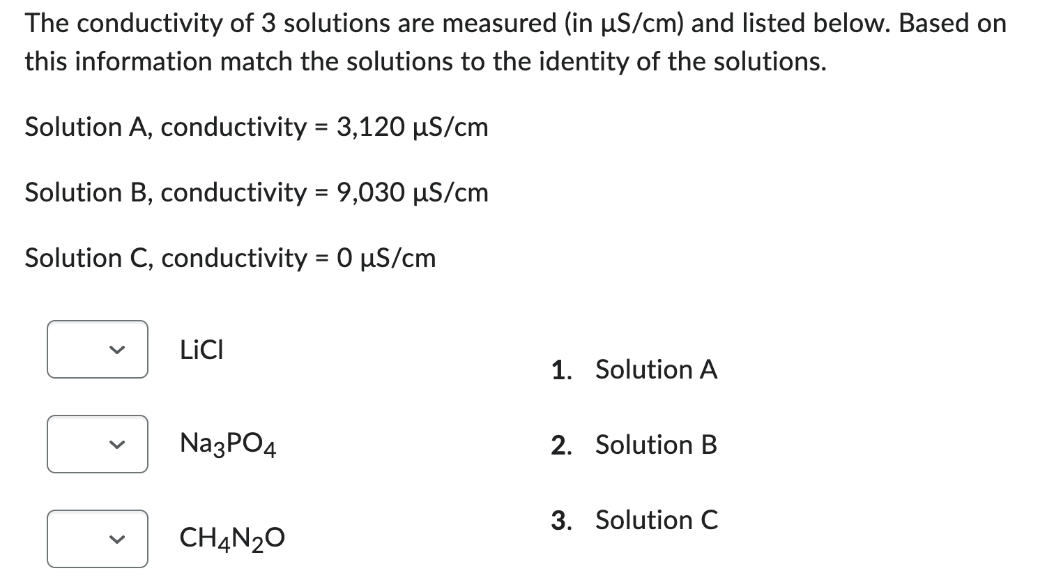 Solved The conductivity of 3 solutions are measured (in | Chegg.com