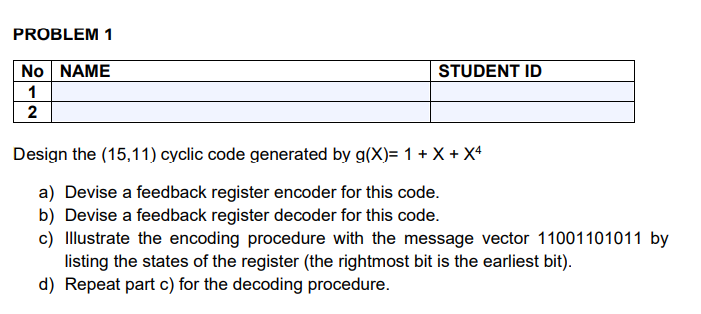 PROBLEM 1 STUDENT ID NO NAME 1 2 Design the (15,11) | Chegg.com