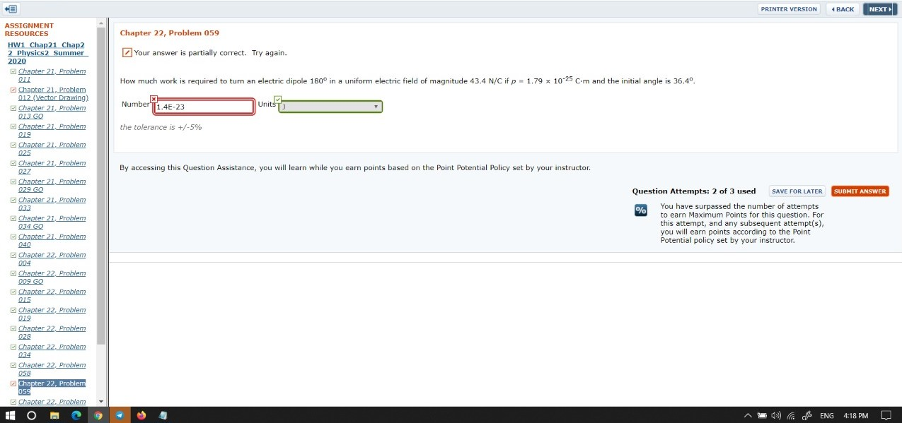 Solved PRINTER VERSION 4 BACK NEXT Chapter 22, Problem 059 | Chegg.com