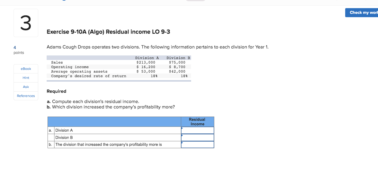 Solved Check my work Exercise 9-10A (Algo) Residual income | Chegg.com