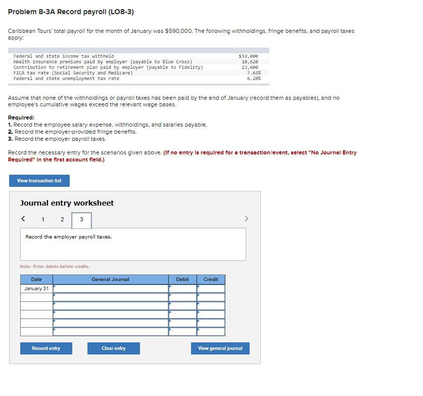 Solved Problem 8-3A Record payroll (LO8-3) Caribbean Tours' | Chegg.com