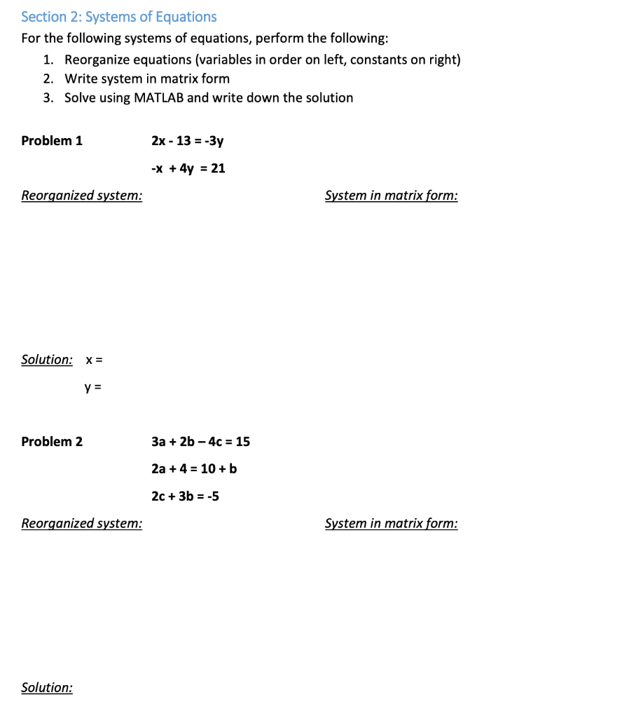 Solved Section 2: Systems of Equations For the following | Chegg.com