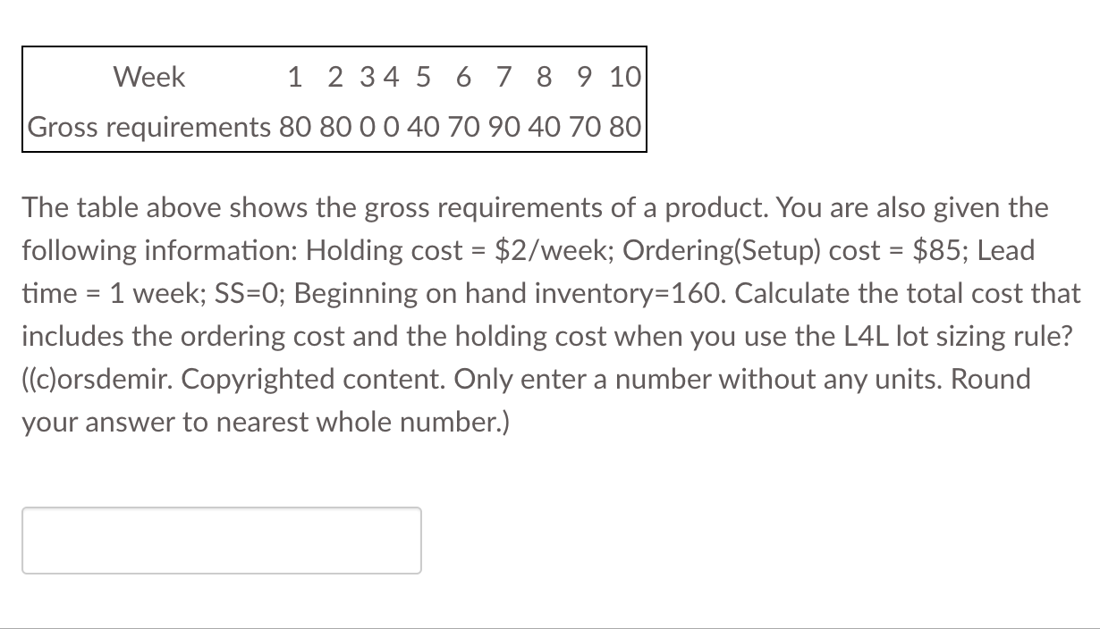 Solved The table above shows the gross requirements of a | Chegg.com