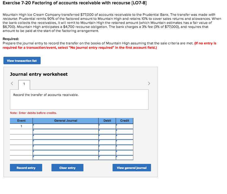 Solved Exercise 7-20 Factoring of accounts receivable with | Chegg.com
