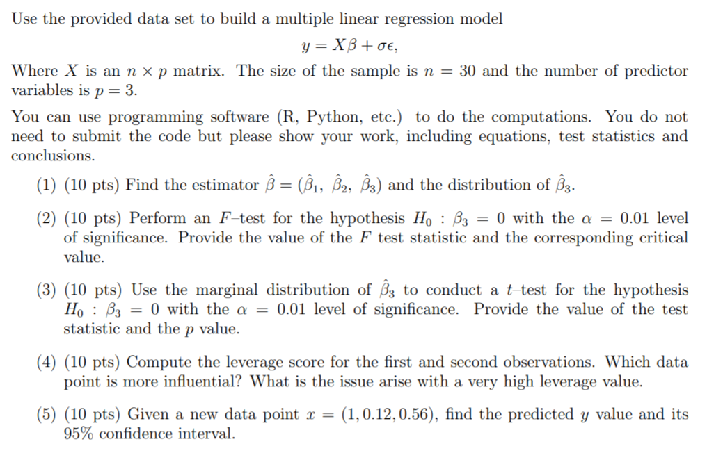 Solved Use the provided data set to build a multiple linear | Chegg.com
