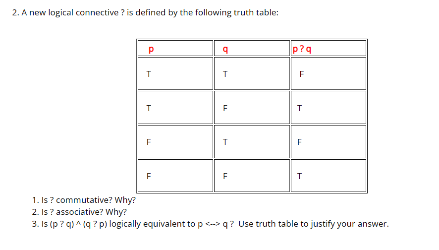 Solved 2. A new logical connective? is defined by the | Chegg.com