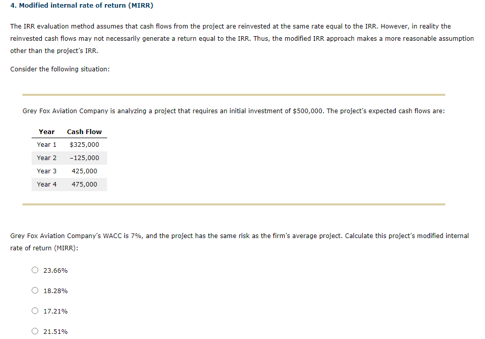 Solved 4. Modified internal rate of return (MIRR) The IRR | Chegg.com