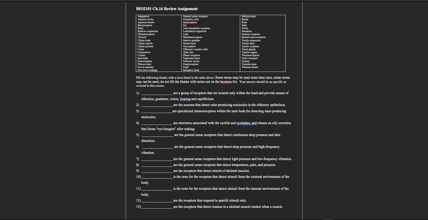 Solved BI02101 Ch.16 Review Assignment Fill the following | Chegg.com