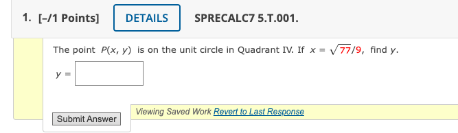 Solved 1. [-/1 Points] SPRECALC7 5.T.001. The point P(x,y) | Chegg.com