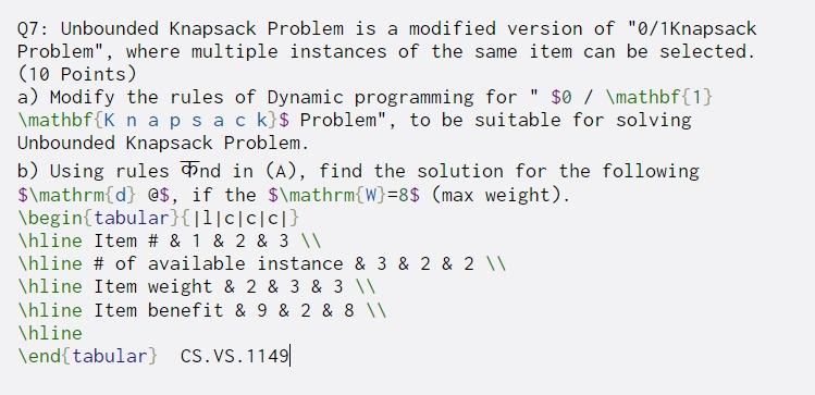 Solved Q7: Unbounded Knapsack Problem is a modified version | Chegg.com