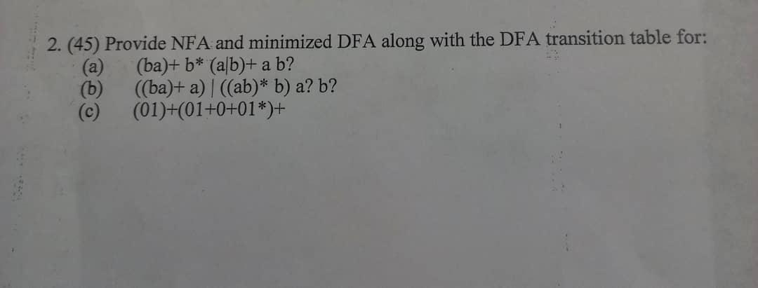 Solved 2. (45) Provide NFA and minimized DFA along with the | Chegg.com