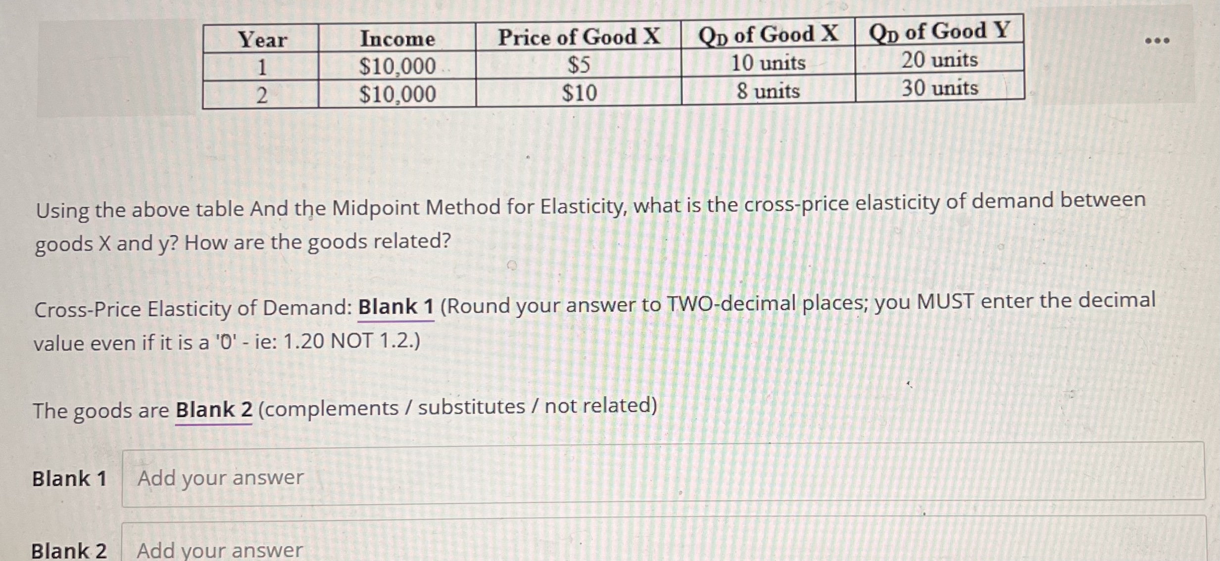 Solved Using the above table And the Midpoint Method for | Chegg.com