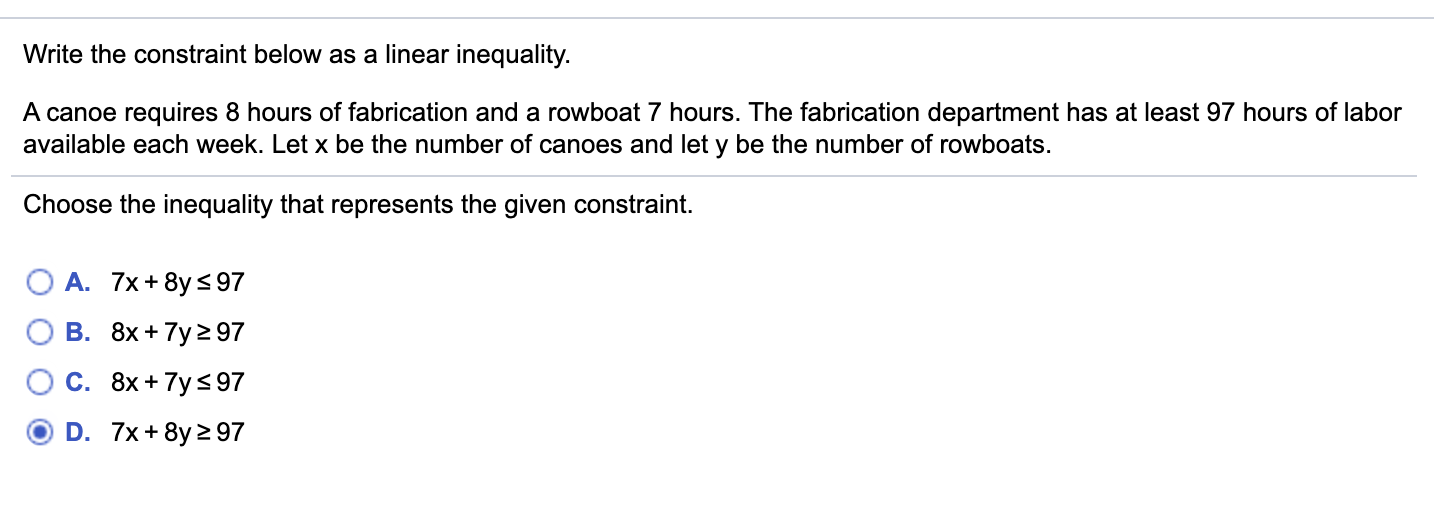 Solved Write the constraint below as a linear inequality. A | Chegg.com