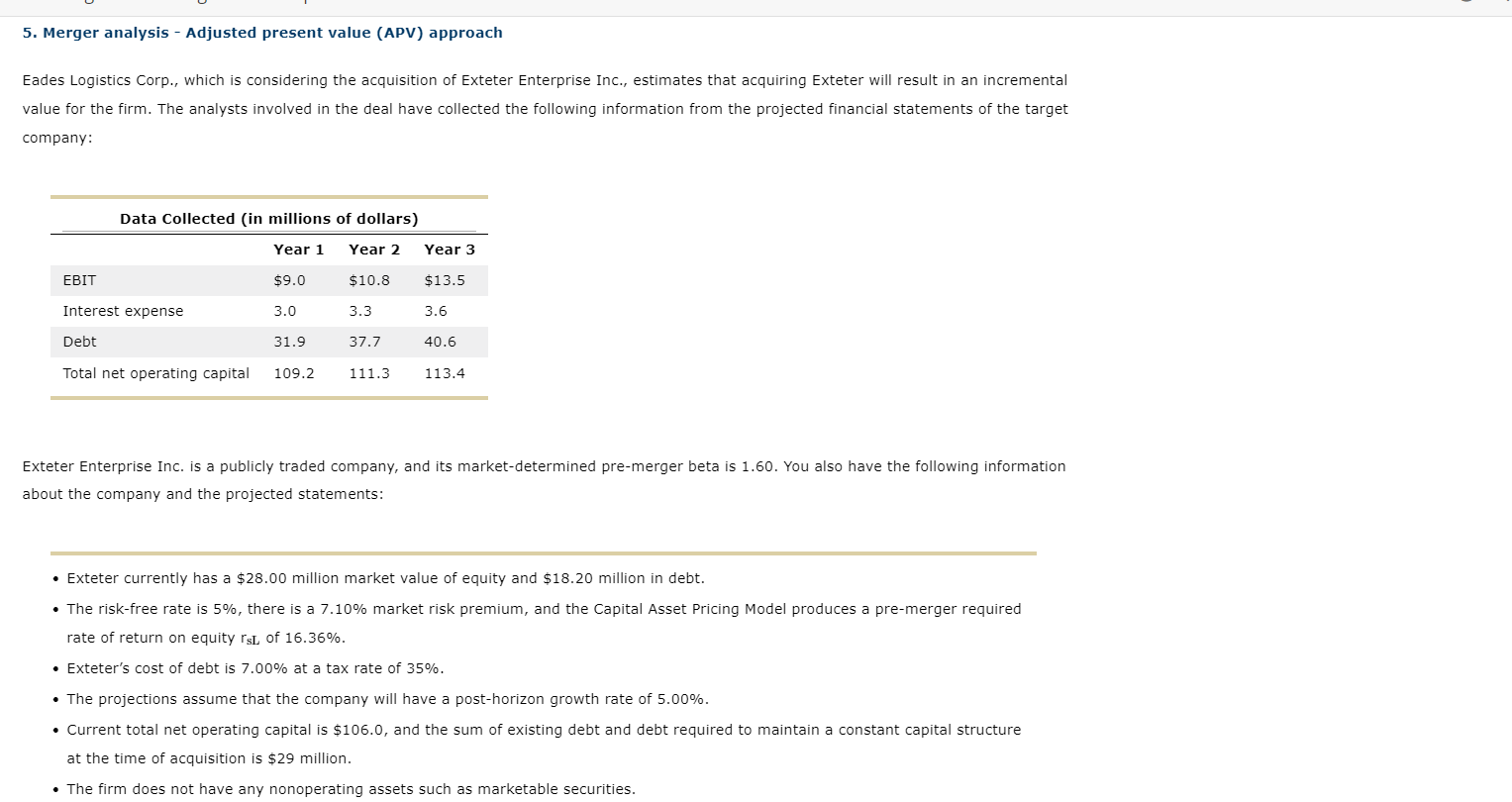 Solved 5. Merger analysis - Adjusted present value (APV) | Chegg.com