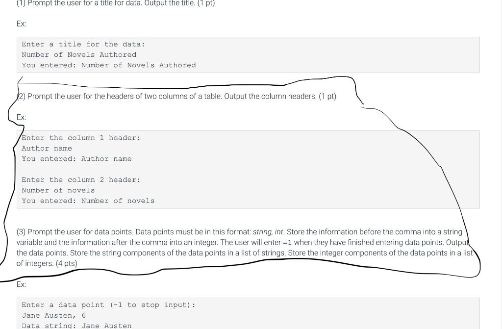 Solved (1) Prompt the user for a title for data. Output the | Chegg.com