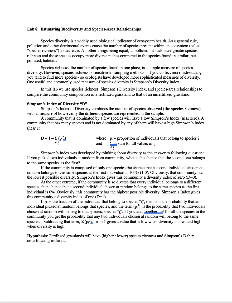 Lab 8. Estimating Biodiversity and Species-Area | Chegg.com