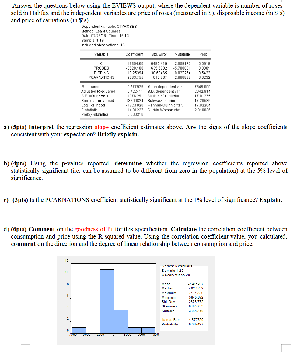 Answer the questions below using the EVIEWS output, | Chegg.com