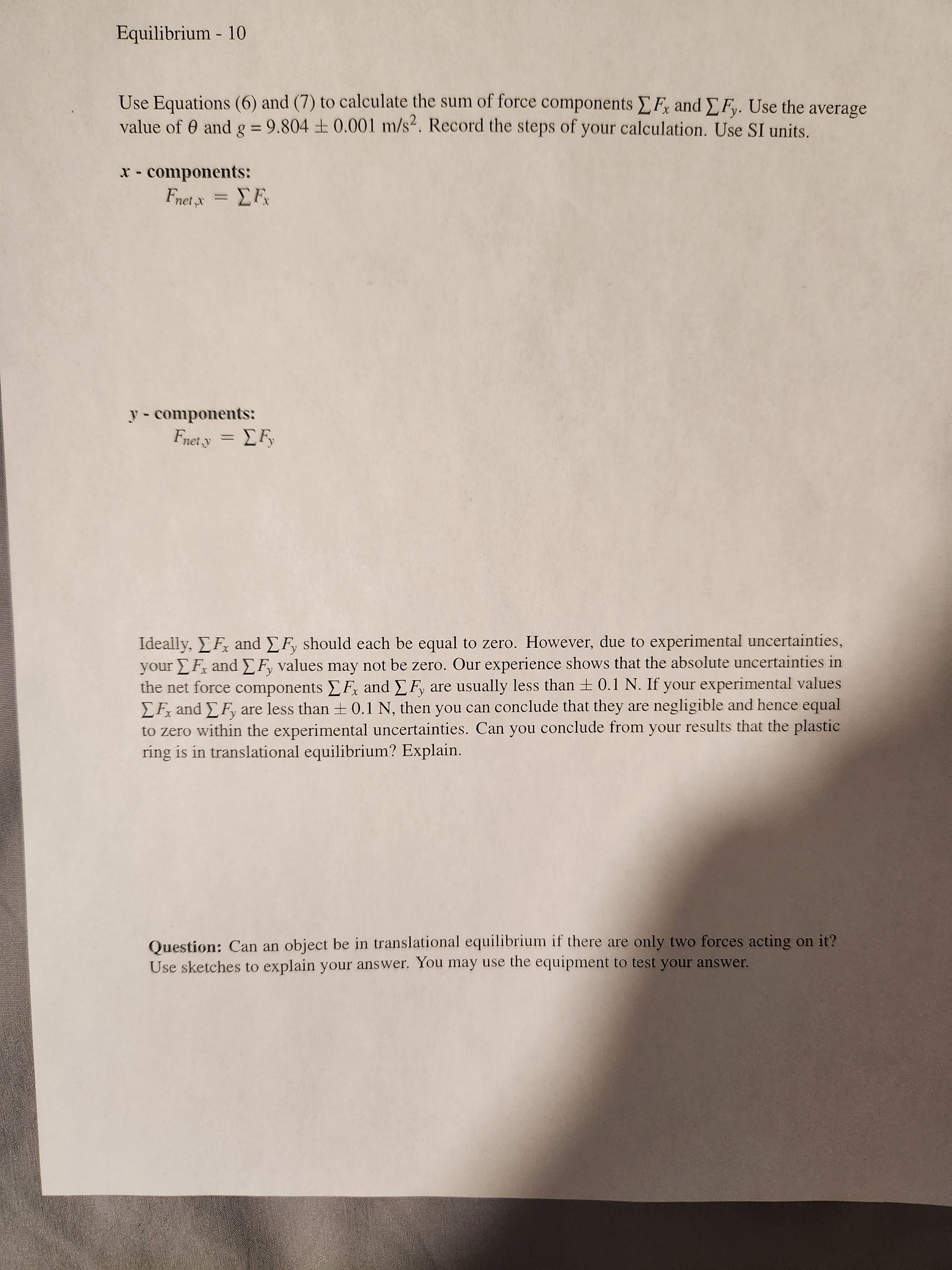 EXPERIMENT 1: TRANSLATIONAL EQUILIBRIUM OF A POINT | Chegg.com