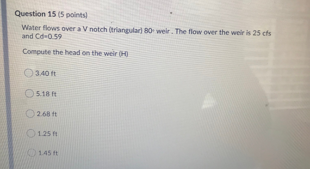 Solved Question 15 (5 points) Water flows over a V notch | Chegg.com