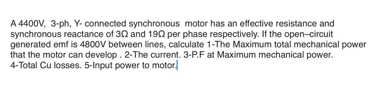 Solved A 4400V, 3-ph, Y- connected synchronous motor has an | Chegg.com