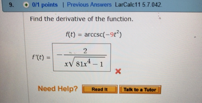 Solved 9. 0/1 points | Previous Answers LarCalc11 5.7.042. | Chegg.com
