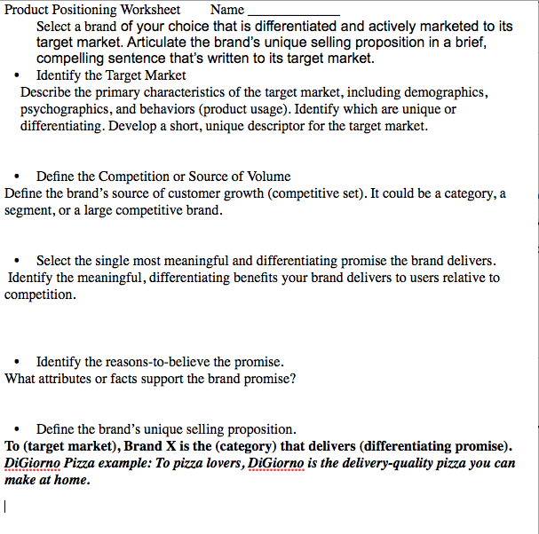Solved Product Positioning Worksheet Name Select a brand of | Chegg.com