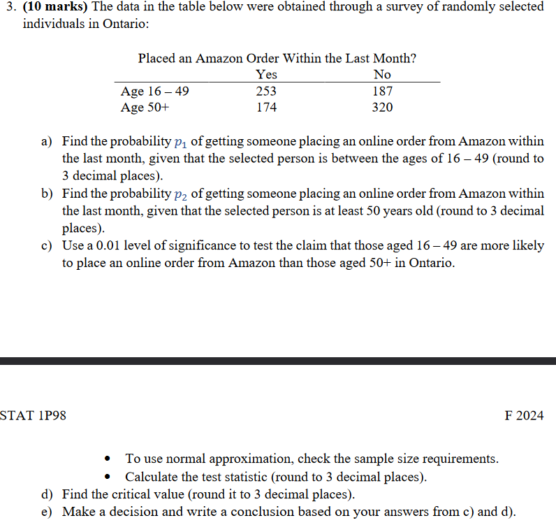 Solved 3. (10 ﻿marks) ﻿The data in the table below were | Chegg.com